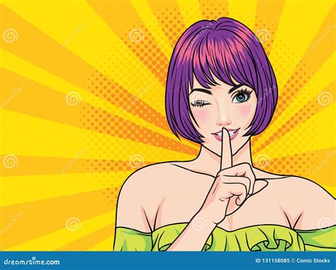 Woman Hand Up With Finger On Lips Silence Gesture Pop Art Comics Stock