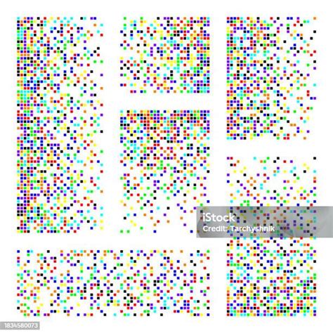 픽셀 분해 붕괴 효과 정사각형 모양으로 만들어진 다양한 직사각형 요소 분산된 점선 패턴입니다 단순한 입자가 있는 모자이크 질감 컬러 노이즈 벡터 일러스트 레이 션 가리키기에