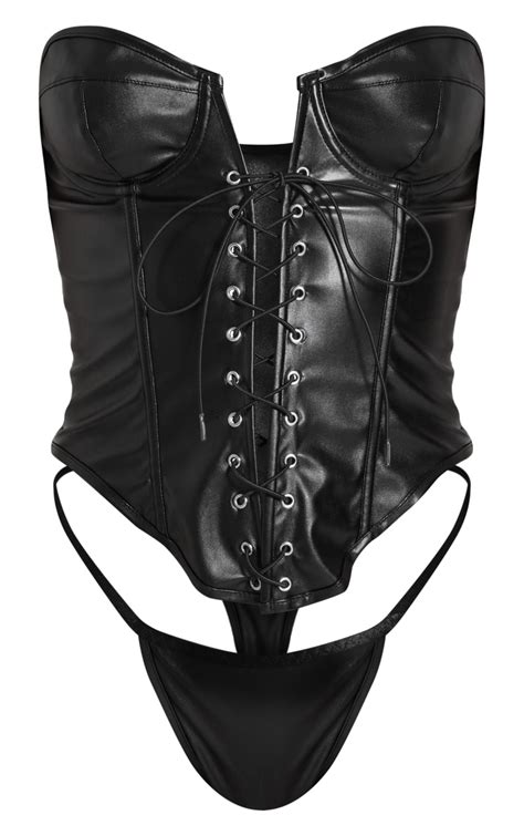 Black Lace Up Faux Leather Corset Lingerie Set Lingerie And Nightwear