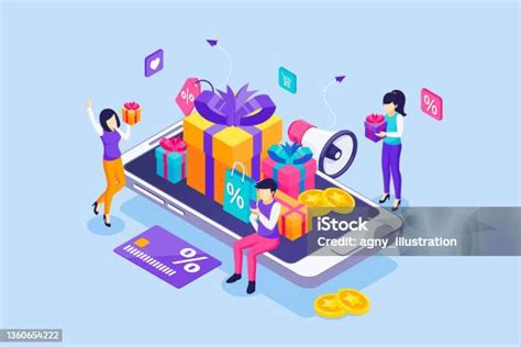 선물 상자 리워드 카드 포인트 할인 및 보너스가있는 거대한 스마트 폰 근처의 행복한 사람들의 그룹 로열티 프로그램 및 고객 보상 개념 등등 측정 벡터 일러스트레이션 고객에