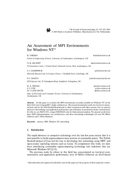 Pdf Evaluating Mpi On Windows Nt Clusters