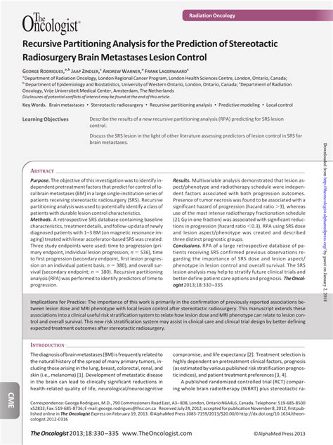 Pdf Recursive Partitioning Analysis For The Prediction Of Stereotactic Radiosurgery Brain