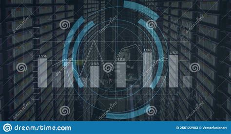 Image Of Scope Scanning With Padlock Icon Over Graph And Server Room Stock Illustration
