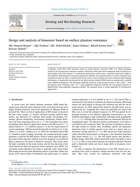 Design And Analysis Of Biosensor Based On Surface Plasmon Resonance Download Free Pdf
