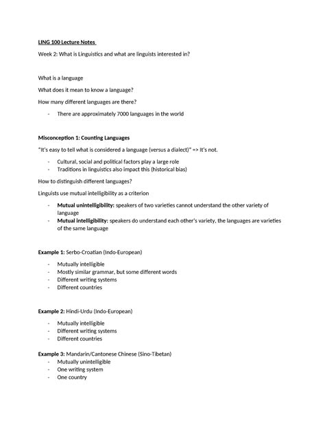 Ling 100 Lecture Notes Copy Ling 100 Lecture Notes Week 2 What Is Linguistics And What Are