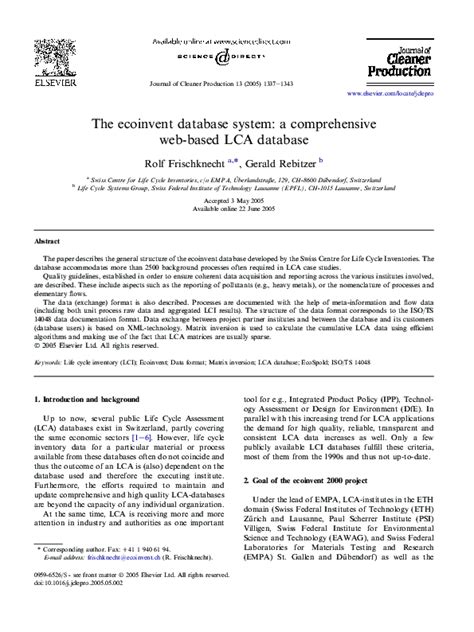 pdf the ecoinvent database system a comprehensive web based lca database