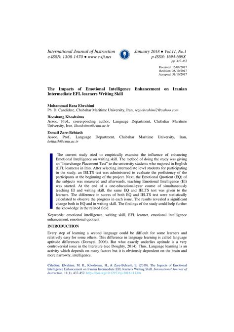 Pdf The Impacts Of Emotional Intelligence Enhancement On Iranian Intermediate Efl Learners