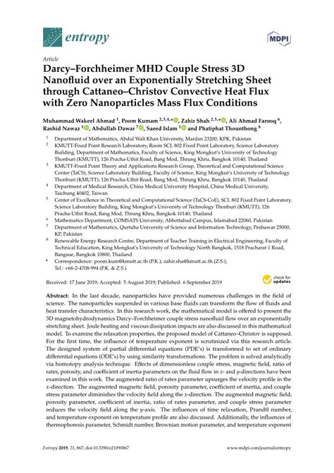Pdf Darcy Forchheimer Mhd Couple Stress 3d Nanofluid Over An Exponentially Stretching Sheet