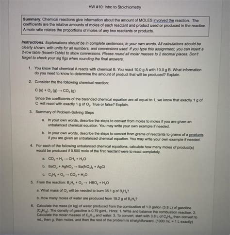 Solved Hw 10 Intro To Stoichiometry Summary Chemical