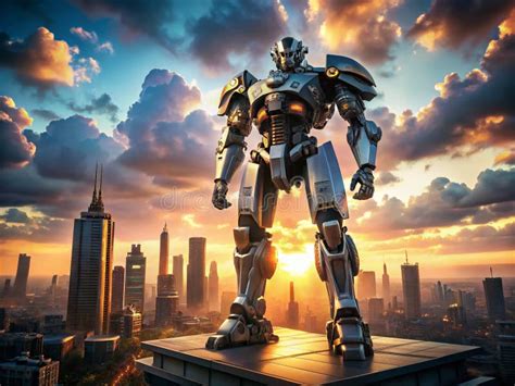Dominating The Metropolis A Powerful Mecha Robot Defies Gravity In A