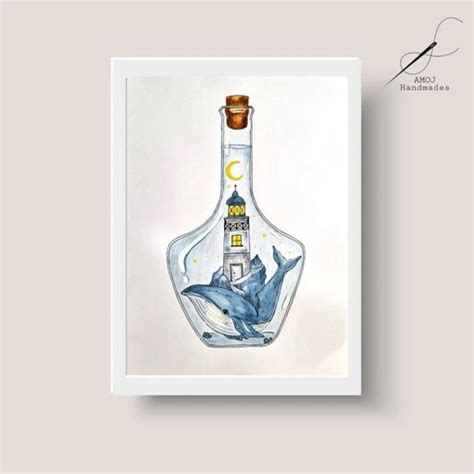 خرید و قیمت تابلو نقاشی آبرنگ همراه با قاب طرح بطری و دریا ترب