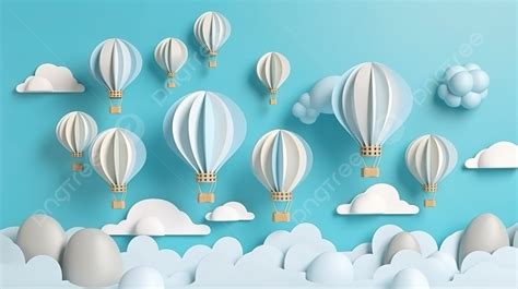 하늘에 떠 있는 종이 컷 스타일의 다채로운 풍선과 구름의 3d 그림 포스터 요소 구름 프레임 복사 공간 배경 일러스트 및