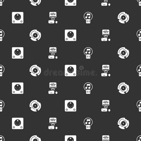 Set Pause Button Vinyl Disk Drum Machine And Music Recording Studio On Seamless Pattern