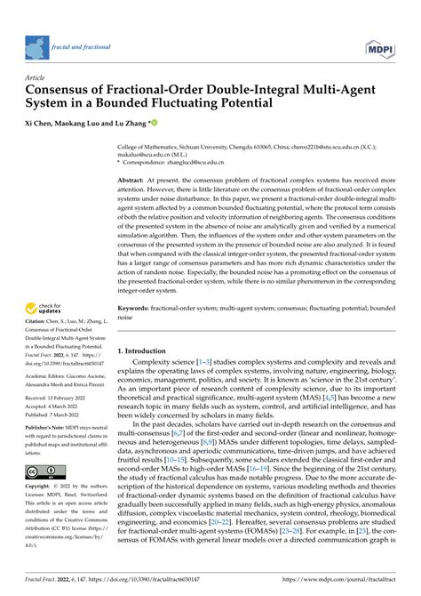 Pdf Consensus Of Fractional Order Double Integral Multi Agent System In A Bounded Fluctuating