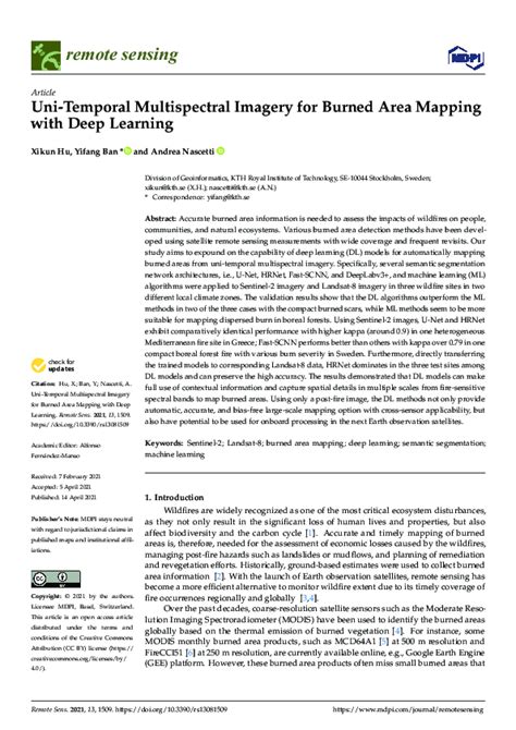 Pdf Uni Temporal Multispectral Imagery For Burned Area Mapping With Deep Learning Yifang Ban
