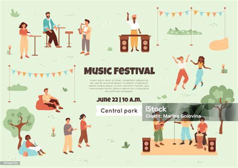 공공 공원에서 휴식을 취하고 음악 밴드 색소폰 연주자 Dj를 듣는 사람들과 함께 음악 축제 그림 노상파티에 대한 스톡 벡터 아트 및 기타 이미지 Istock