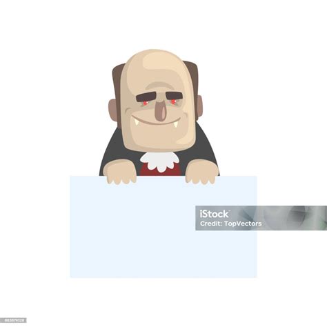 종이의 빈 시트와 재미 있는 뱀파이어 큰 이빨 붉은 눈과 대머리 수 드라큘라 캐릭터 만화 평면 벡터 남자에 대한 스톡 벡터 아트