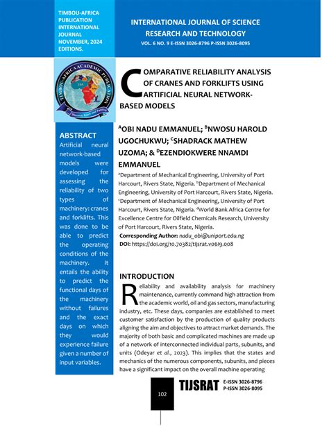 Pdf Comparative Reliability Analysis Of Cranes And Forklifts Using Artificial Neural Network
