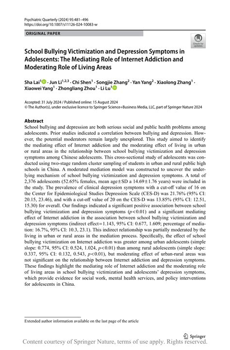 School Bullying Victimization And Depression Symptoms In Adolescents The Mediating Role Of