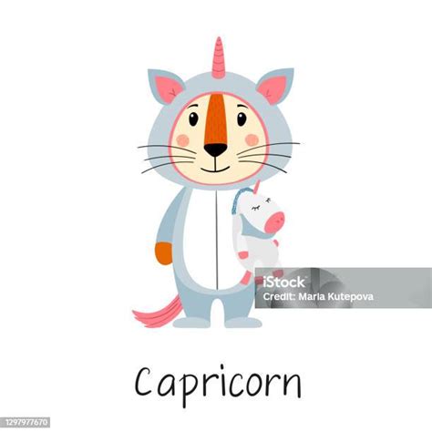 조디악 사인 염소 자리 유니콘키구루미의 귀여운 호랑이 2022 년 별자리의 개념 중국 달력에 따라 호랑이의 년 벡터 스톡 플랫 핸드 그린 일러스트레이션 은 흰색으로 분리 0