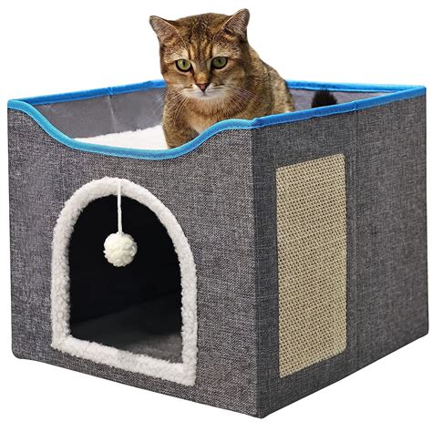 Senhu Cozy Cube Cat Bed Soft Kitten Hideaway With Fluffy Ball And
