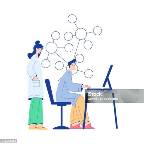 화학 와 남자와 여자 과학자 성격 책상에 앉아 벡터 일러스트 레이 션 개념에 대한 스톡 벡터 아트 및 기타 이미지 개념 개발 건강관리와 의술 Istock