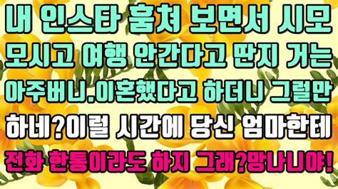 카카오실화사연 내 인스타 훔쳐 보면서 시모 모시고 여행 안간다고 딴지 거는아주버니이혼했다고 하더니 그럴만하네이럴 시간에 당신 엄마한테 전화 한통이라도 하지 그래