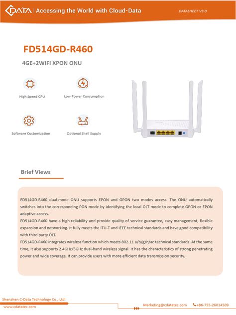 Cdata Xpon Onu Fd514gd R460 4ge 2wifi Datasheet Pdf Telecommunications Electronics