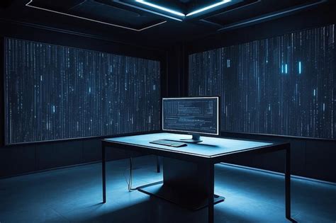 A Dark Room With Binary Code And Data Flowing In The Air A Computer Screen On A Table In The