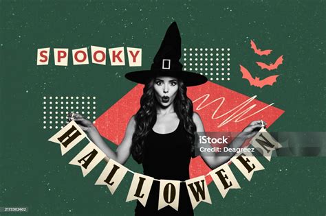 놀란 마녀 소녀의 복합 사진 콜라주 홀드 할로윈 화환 축하 유령 박쥐 절연 그린 배경 25 29세에 대한 스톡 사진 및 기타 이미지 25 29세 가을 백인종 Istock