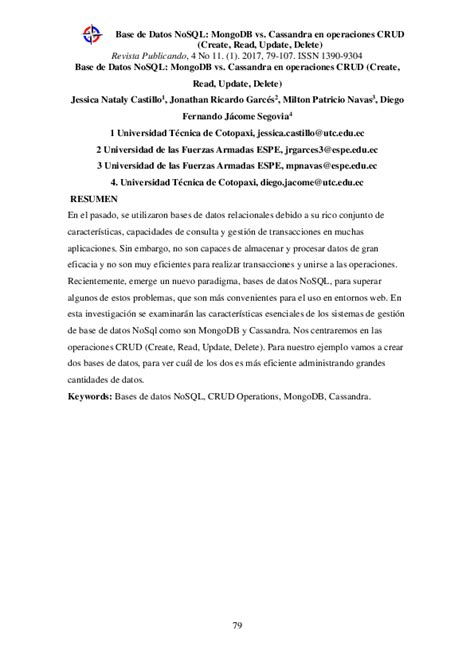 Pdf Base De Datos Nosql Mongodb Vs Cassandra En Operaciones Crud Create Read Update Delete