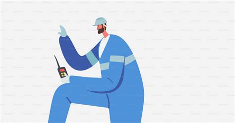 안전모를 쓴 빌더 남성 캐릭터가 워키토키를 들고 있다 건설 현장에 있는 남자 계약자 건축가는 흰색 배경에 고립된 작업 과정을