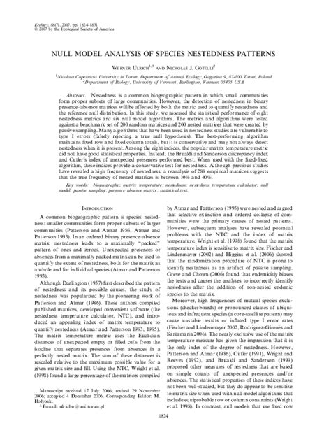 Pdf Null Model Analysis Of Species Nestedness Patterns Werner Ulrich