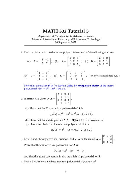 Solution Characteristic Equations And Diagonalization Of Matrices Tutorial Questions Part 2