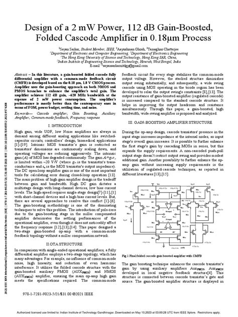 Design Of A 2 Mw Power 112 Db Gain Boosted Folded Cascode Amplifier In 0 18m Process Pdf