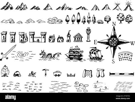 Fantasy Map Elements Medieval Icons Vector Line Art Hand Drawn