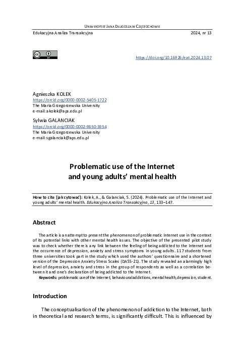 Pdf Problematic Use Of The Internet And Young Adults Mental Health