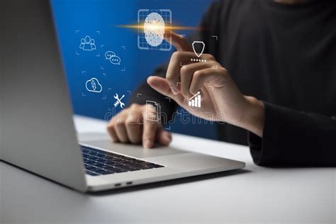 Person Touching Virtual Screen To Scan Fingerprints Digital Transformation Management Concept
