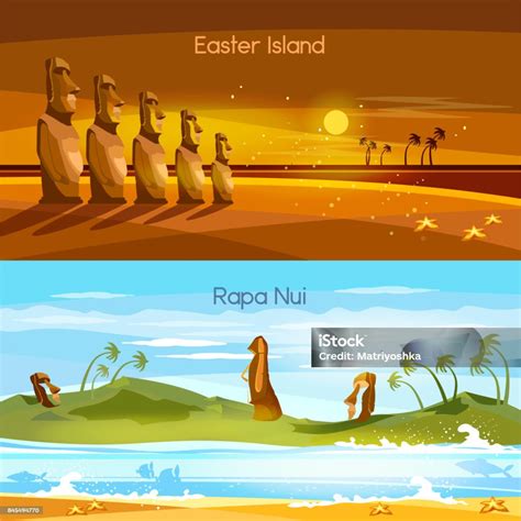 이스터 섬 풍경 배너 이스터섬의 모아이 석상 폴리네시아 풍경입니다 돌의 우상 관광 및 휴가 열 대 배경 0명에 대한 스톡 벡터 아트 및 기타 이미지 Istock