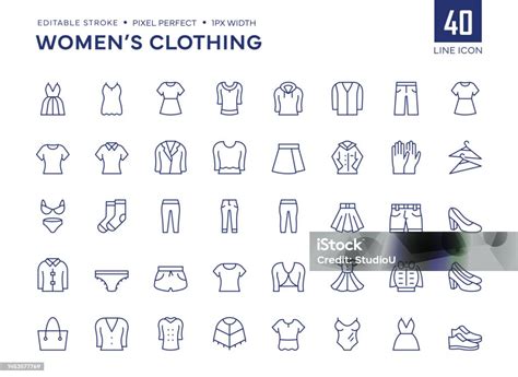 여성 의류 라인 아이콘 세트에는 드레스 재킷 스커트 데님 신발 셔츠 청바지 등의 아이콘이 포함되어 있습니다 아이콘에 대한 스톡 벡터 아트 및 기타 이미지 Istock