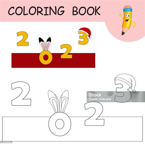 만화 토끼 귀와 산타 클로스 모자가있는 색칠 공부 책 숫자 2023 무색 및 색상 예제 색칠 페이지의 토끼 워크 시트 인사말