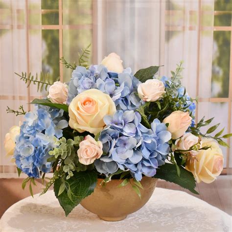 Hydrangea Arrangement Blue Hydrangea And Pink Rose Floral Arrangement