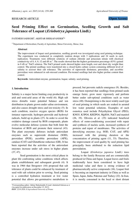 Pdf Seed Priming Effect On Germination Seedling Growth And Salt Tolerance Of Loquat