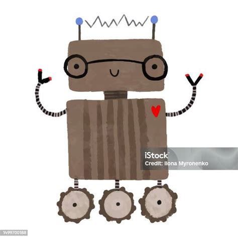 재미 있은 만화 색깔의 아이들 로봇입니다 귀여운 사이보그 복고풍 안드로이드 흰색 배경에 격리된 평면 그림에서 웃는 캐릭터 귀여운 유치한 그림 스티커 인쇄 4 5세에 대한