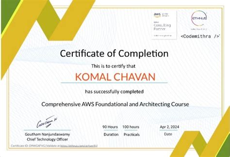 Komal Chavan On Linkedin Ethnus Codemithra Aws Course Thankyou