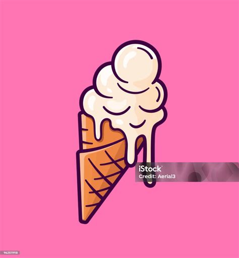 분홍색 배경에 고립 된 와플 콘에 녹는 아이스크림 공 벡터 평면 개요 아이콘입니다 T셔츠 디자인에 대 한 만화 스타일 그림에서 만화 캐릭터 아이스크림에 대한 스톡 벡터 아트