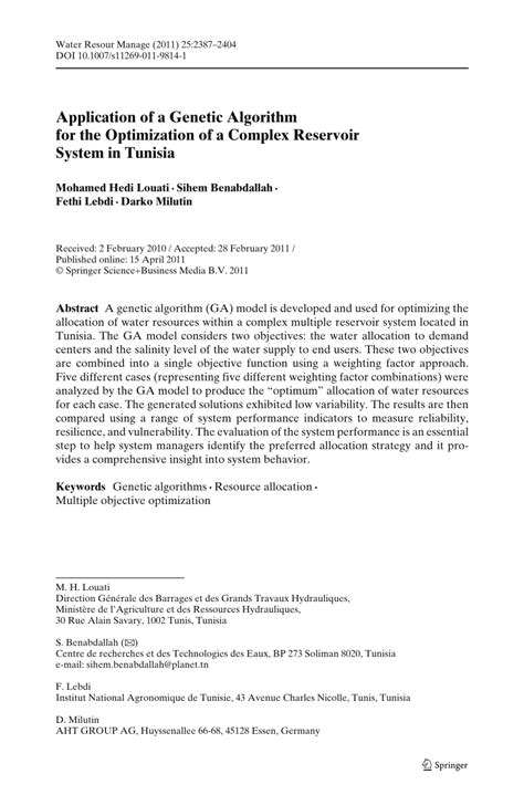 Pdf Application Of A Genetic Algorithm For The Optimization Of A Complex Reservoir System In