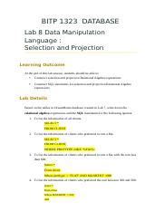 Lab 8 Selection Projection DATABASE LAB 8 Docx BITP 1323 DATABASE Lab