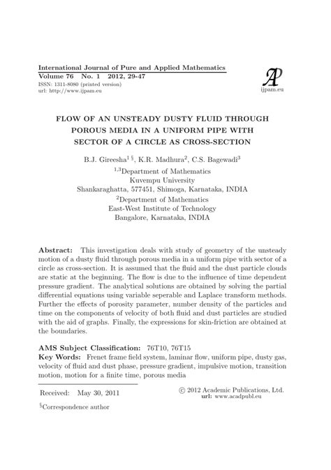 Pdf Flow Of An Unsteady Dusty Fluid Through Porous Media In A Uniform Pipe With Sector Of A