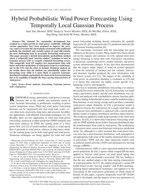 Pdf Hybrid Probabilistic Wind Power Forecasting Using Temporally Local Gaussian Process
